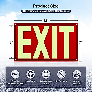 Glow In The Dark Photoluminescent Exit Sign Red - Adhesive Backing – UV Inks On Tear-resistant PVC - Non Electrical - Scratch Resistant -12 x 7 Inches For 50 Feet Visibility (2 Pack)