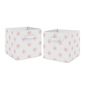 Sweet Jojo Designs Pink Flower Blossom Foldable Fabric Storage Cube Bins Boxes Organizer Toys Kids Baby Childrens - Set of 2 - Blush White Shabby Chic Farmhouse Daisy for Watercolor Floral Collection