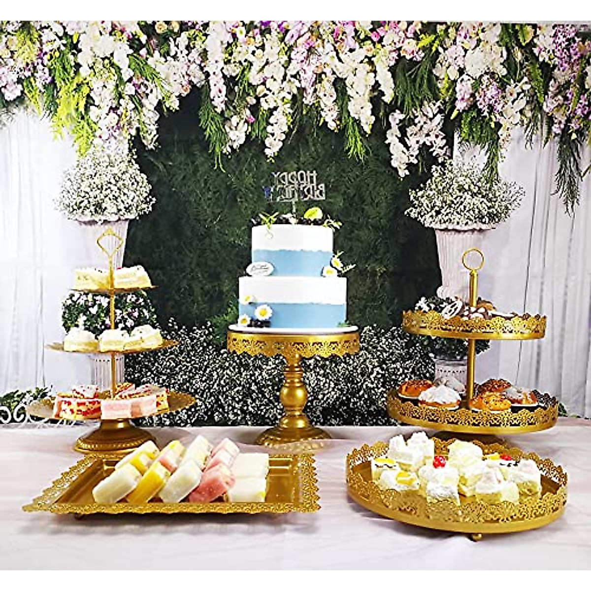 AMIENIV 5 Pieces Cake Stand Set Gold Metal Cupcake Holder Dessert Display Plate Decor Serving Platter for Baby Shower Wedding Birthday Parties Celebration