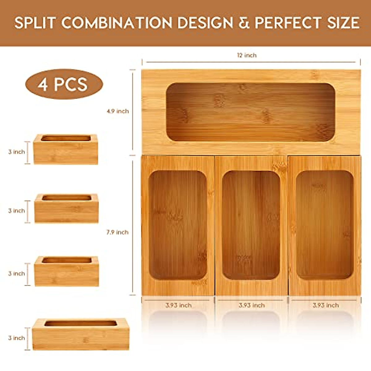 Bamboo Storage Bag Bamboo Kitchen Organizer Pack of 4 Organizers for Drawer Suitable for Gallon Quart Sandwich Snack Slider Bags Compatible with Ziploc Solimo Glad Hefty