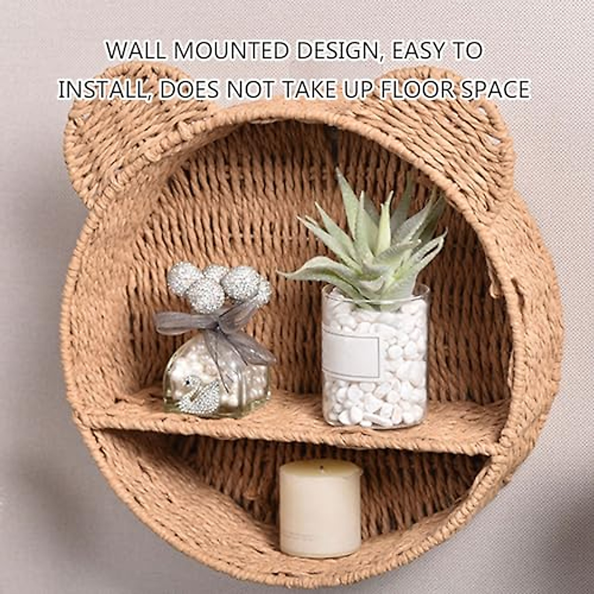 Uitndvyte Bear Ear Shape Wall Mounting Shelf Rattan Wall Shelves Small Plant Display Storage Rack Woven Hanging Storage Basket