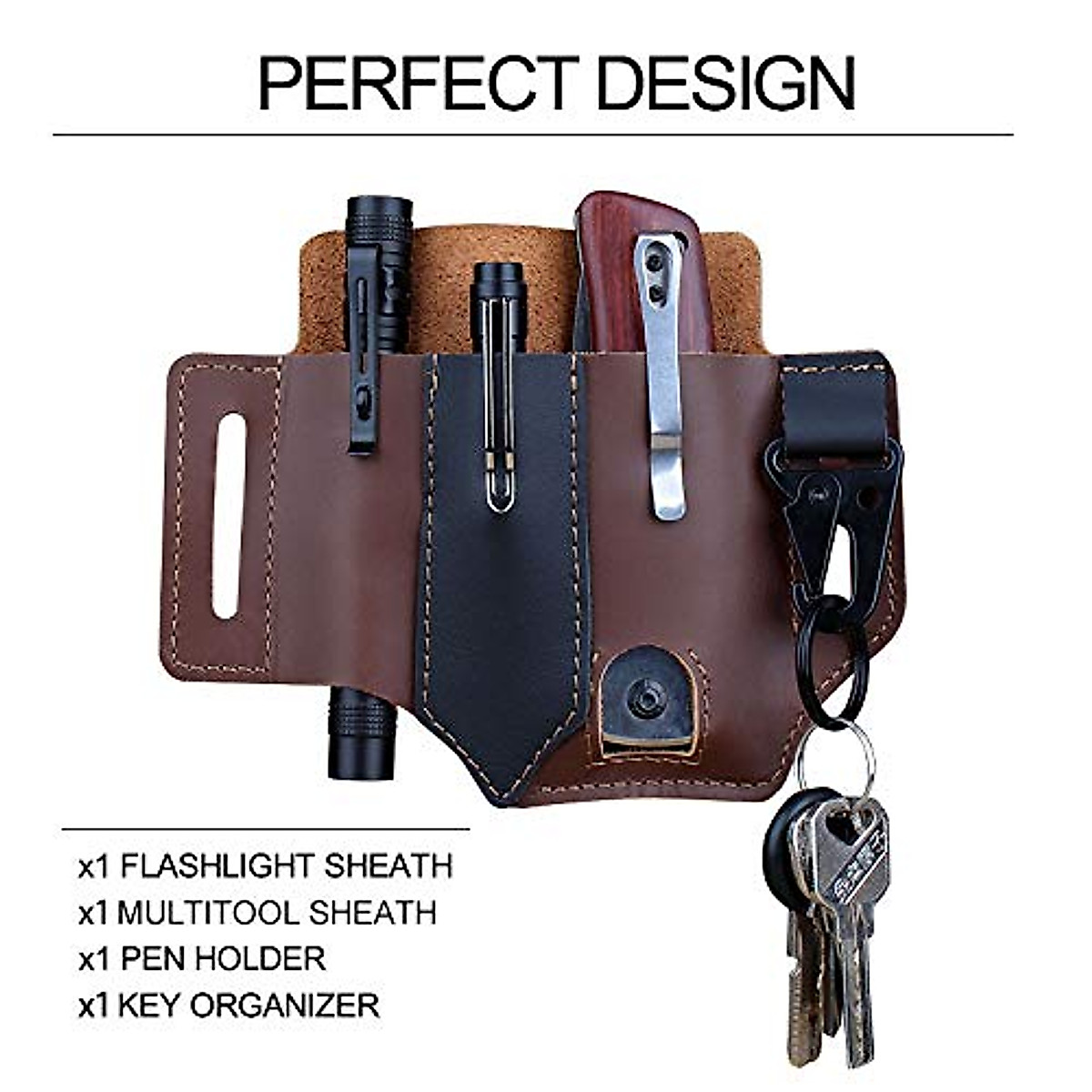 Kosibate EDC Leather Sheath, Multitool Sheath Belt Organizer Pocket for Knife/Flashlight/Tactical Pen/Tools(Brown)