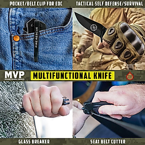 Firefighter Black Stealth Elite Folding Tactical Knife - Fireman Rescue Knife - First Responder Gift - Service Disabled Veteran Owned Small Business