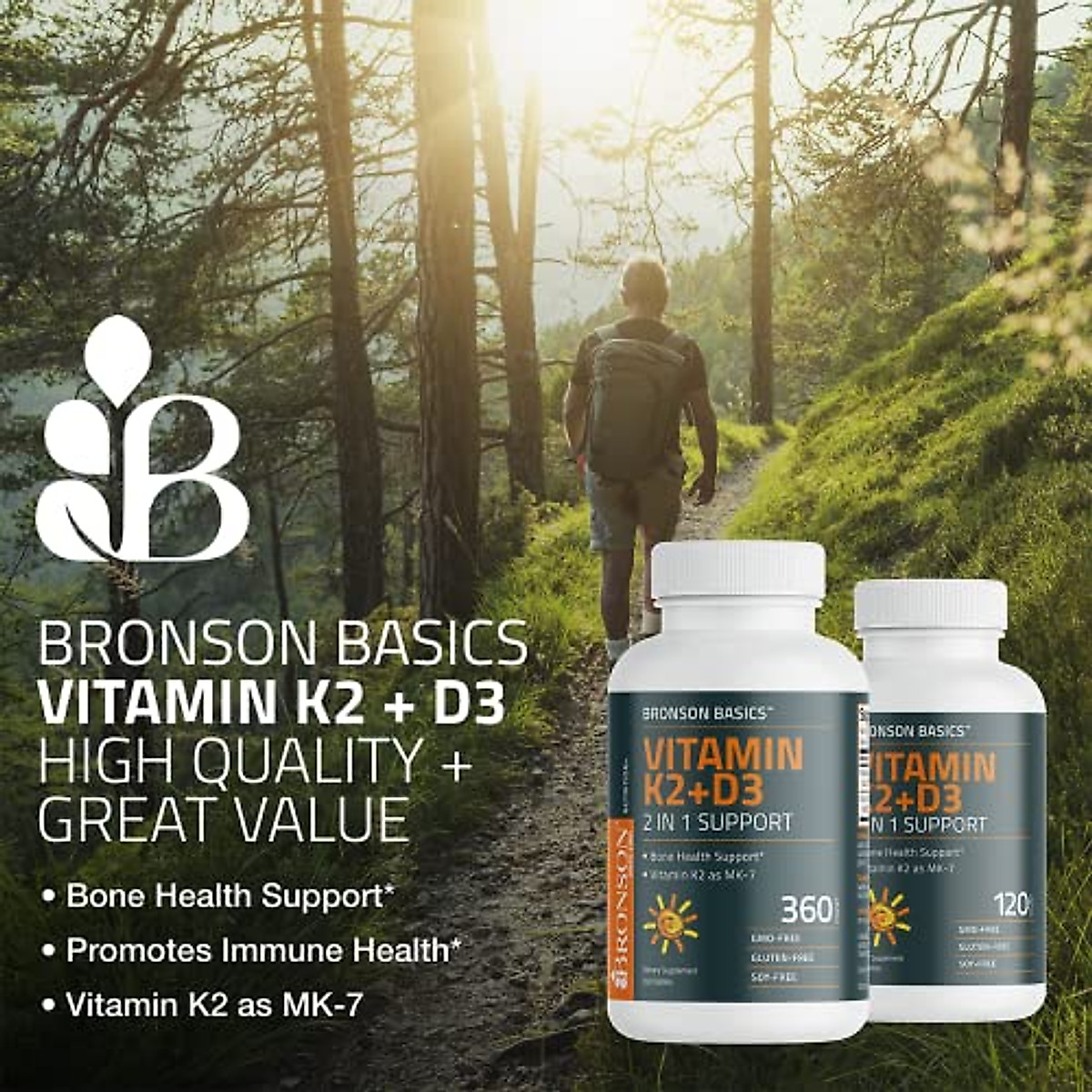 Bronson Basics Vitamin K2 D3 (MK7) Supplement Non-GMO Formula 5000IU (125 mcg) Vitamin D3 & 90 mcg Vitamin K2 MK-7 Easy to Swallow Vitamin D & K Complex, 360 Tablets