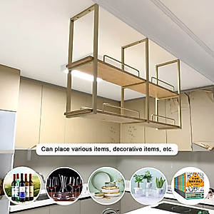 Ceiling Shelf, Hanging Shelf with guardrail - 2 Layer Ceiling Mount Storage Rack with wooden boards, 31.4inch Metal display stand for wine bottle Plants books Storage, for Restaurant, Bar, Cafe