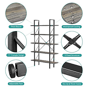 YITAHOME 5 Shelf Bookcase, Classically Rustic Gray Bookshelf, Book Rack, Storage Rack Shelves in Living Room/Home/Office, Books Holder Organizer for Books/Movies, Grey Oak