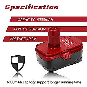 Upgraded 2 Pack 6000mAh 19.2V C3 Replacement Battery Compatible with Craftsman 19.2 Volt Battery Lithium-ion XCP DieHard 315.115410 315.11485 130279005 1323903 120235021 11375 11376 Cordless Tools