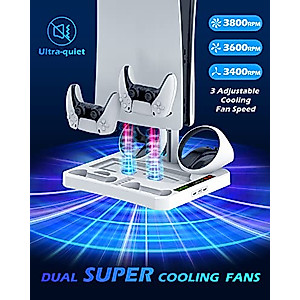 PS-5 & PS VR2 Charging Station with 2 Cooling Fan, YOGES 3-in-1 PS-5 Stand for Play-station5 and Play Station VR2 Controllers Charging, PS-5 Console Cooling Station PS-5 PS VR2 Accessories Storage