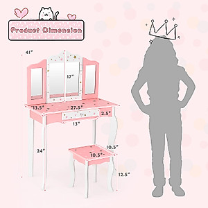 KOTEK Kids Vanity Set w/Tri-Folding Mirror, 2 in 1 Wooden Princess Makeup Dressing Table w/Detachable Top & Storage Drawers, Pretend Beauty Play Vanity Table Set for Girls (Pink Star Print)
