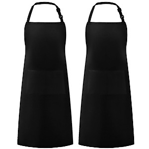 Syntus 2 Pack Adjustable Bib Apron Waterdrop Resistant with 2 Pockets Cooking Kitchen Aprons for Women Men Chef, Black