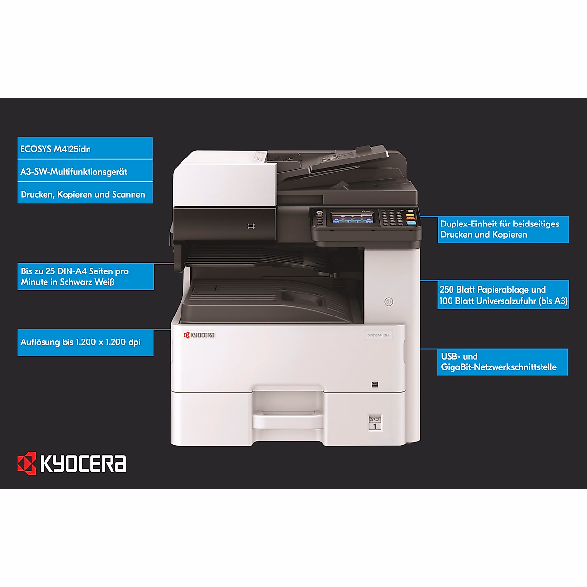 Kyocera 1102P22US0 Model ECOSYS M4125idn Monochrome A3 MFP Multi-Function Laser Printer (Print/Scan/Copy/Fax), 25 ppm B&W, Resolution 600 x 600 dpi Up To Fine 1200 x 1200 dpi, Duplex, HyPAS Capable