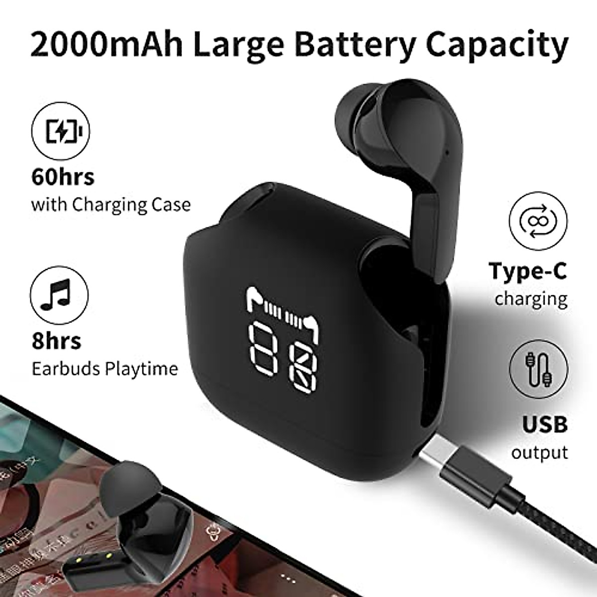 True Wireless Earbuds ENC Noise Cancelling TWS Bluetooth Earphones Deep Bass Hi-Fi Stereo Sound in-Ear Earphones with Mic Voice Assistant Touch Control 60ms Low Latency Headset for Work Gaming Sport