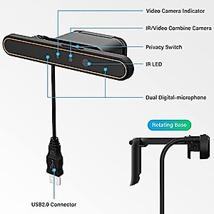 IPTNIC Webcam, Windows Hello Face Recognition Webcam for Instant Login with Windows 10,USB IR Camera with Privacy Cover,Dual Microphones,1080P Business Camera for Video Calling,Online Conference