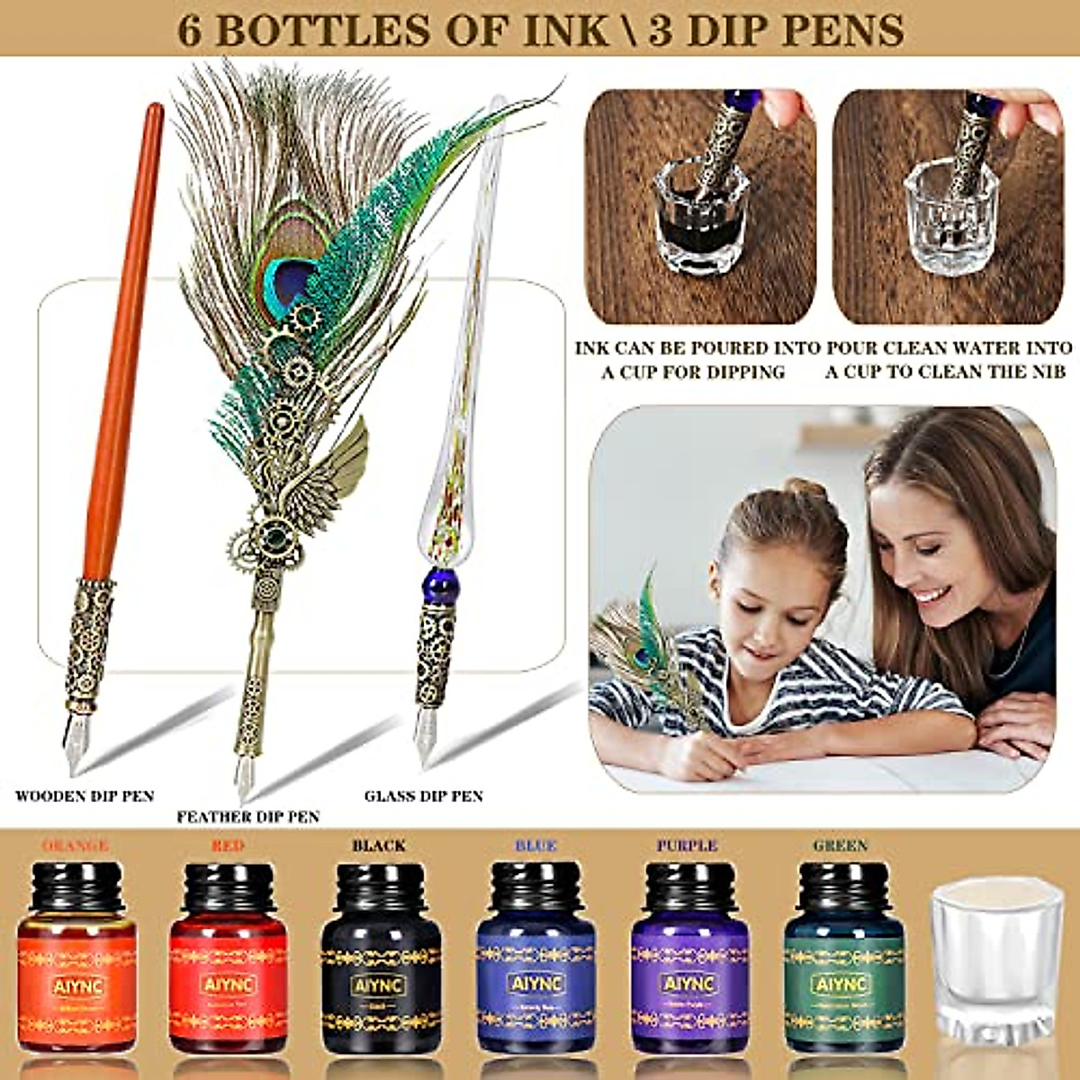 AIYNC Quill Pen and Ink Set, Feather Pen Ink Set, Wax Seal Stamp Kit, Calligraphy Set, Valentine's Day Gifts for Writing Lovers Birthday Gifts, Ideal Calligraphy Gifts for Holidays(Peacock Feather)