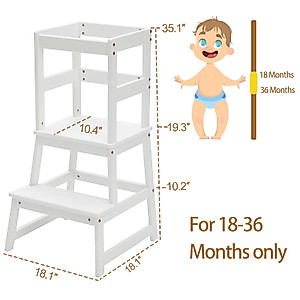 Kitchen Step Stool for Kids with Safety Rail,Solid Wood Construction Toddler Learning Stool, Montessori Toddlers Kitchen Stool Tower (White)