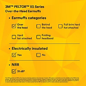 3M PELTOR X5A Over-the-Head Ear Muffs, Noise Protection, NRR 31 dB, Construction, Manufacturing, Maintenance, Automotive, Woodworking, Heavy Engineering, Mining, Black
