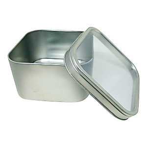 Square Metal Tin Box Storage Containers with Windowed Lids - 4x4x2.25 Inches, 16 oz. - Set of 2