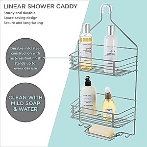 Bath Bliss 2 Tier Linear Hanging Shower Caddy | Bathroom Storage & Organization | Shower Head Hang | Holds Large Bottles | Soap Dish | Accessory Hooks | Grey