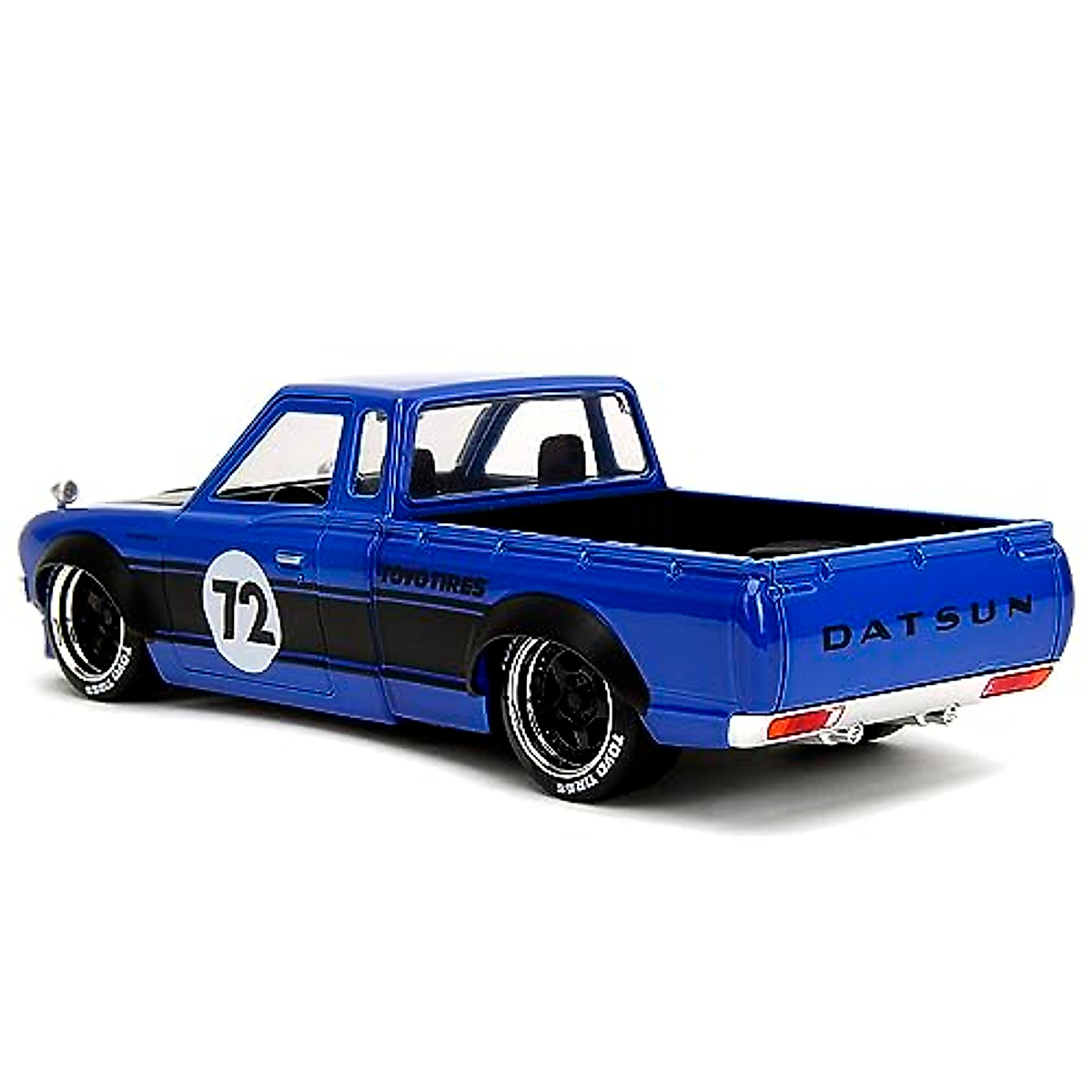 1972 Datsun 620 Pickup Truck #72 Blue Metallic with Black Stripes and Hood Toyo Tires with Extra Wheels Just Trucks Series 1/24 Diecast Model Car by Jada 34193