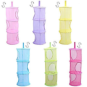 AUHOKY 6Pcs Hanging Mesh Storage Organizer Bag with 6Pcs S Hook, Foldable Toy Space Saver Basket with 3 Shelf for Kids Room Closet Bathroom Balcony - 32.3'' x 10.6''(6 Colors)