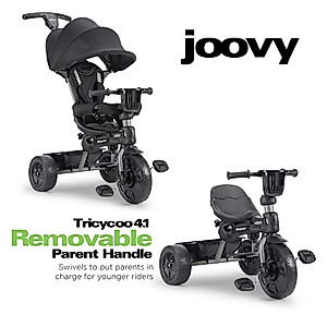 Joovy 4.1 Kids Tricycle with 4-Stages Featuring Extra-Wide Front Tire, Removable and Adjustable Parent Handle, Safety Harness, Machine-Washable Seat Pad, and Retractable Canopy (Black)