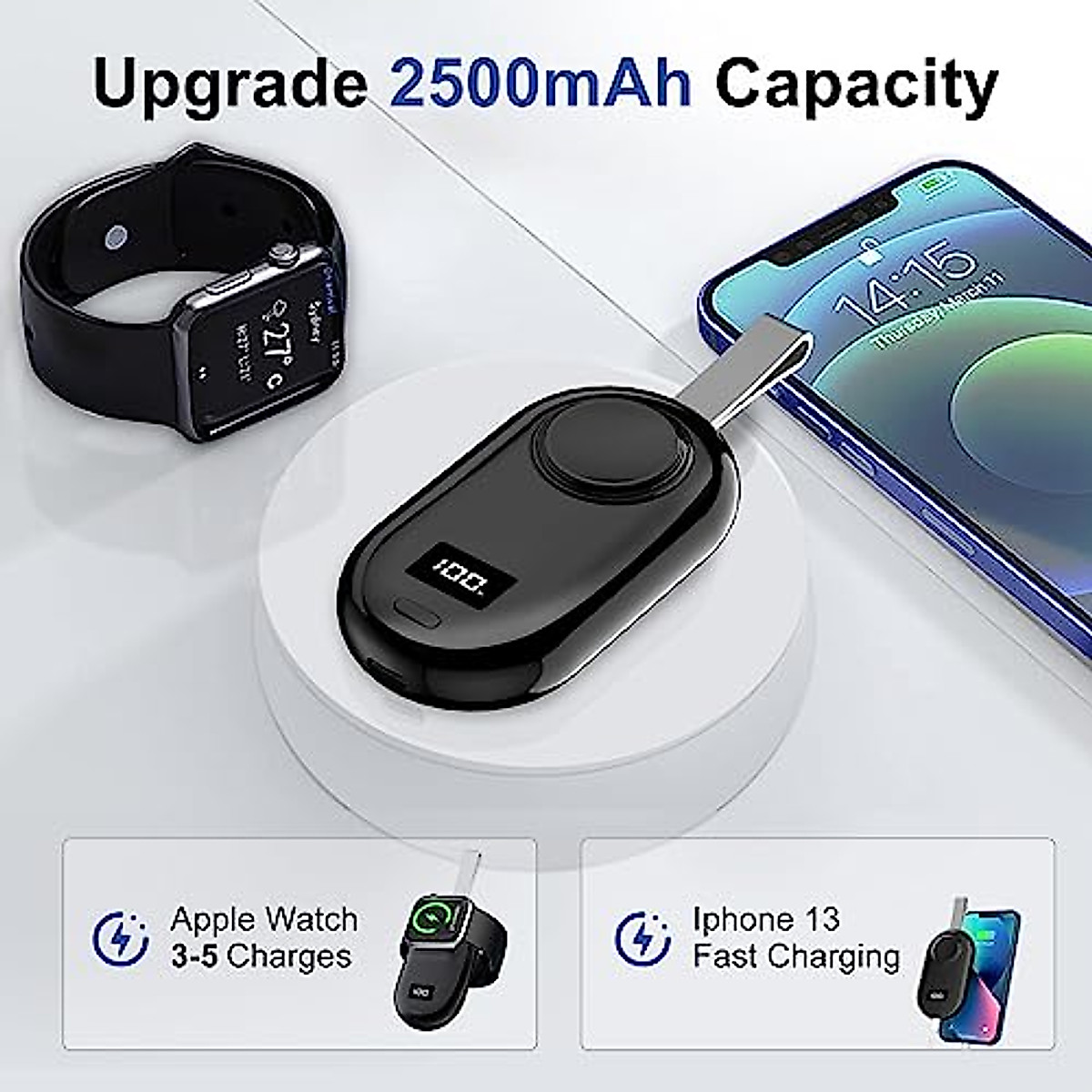 Portable Charger for Apple Watch, 2500mAh iWatch Charger Wireless Fast Charging Power Bank, Magnetic Travel Smart Keychain Charger for Apple Watch Series 8/7/6/5/4/3/2/SE,UItra Black