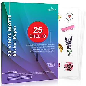 Premium Printable Vinyl Sticker Paper for Your Inkjet and Laser Printer – 25 Matte White Waterproof Decal Paper Sheets - Dries Quickly and Holds Ink Beautifully - Accessories Set for Cricut