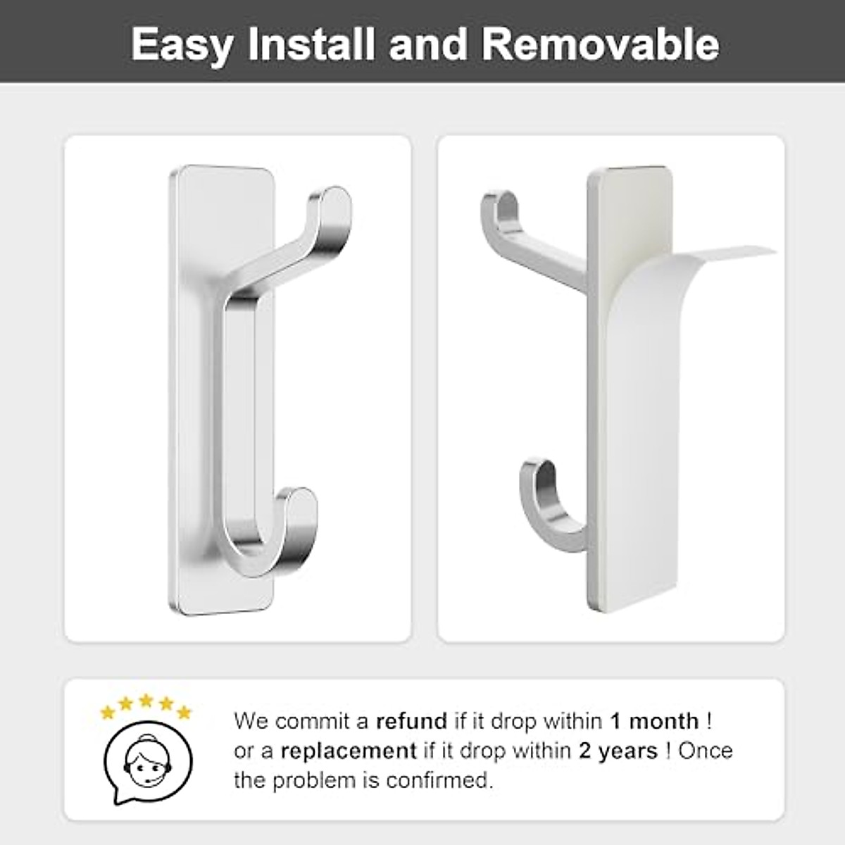 pickpiff Adhesive Coat Hooks, Extra Sticky Waterproof Metal Hook for Hanging Towels, Wreath, Purse, Hat, Cloth, Wall Mounted Hanger for Shower Bathroom Kitchen Door Heavy Duty, Silver, 4 Pack