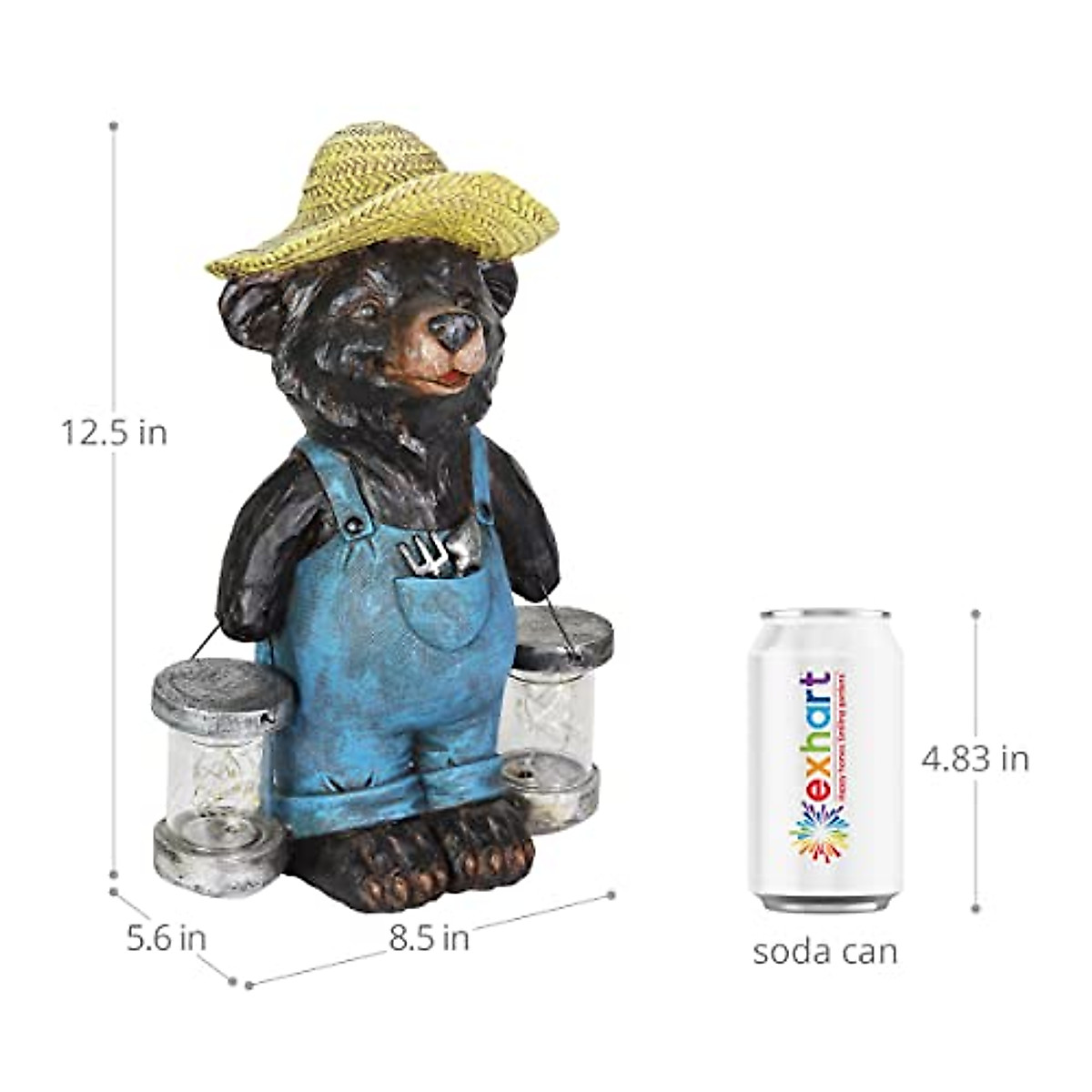 Exhart Garden Sculpture, Farmhouse Black Bear Solar Garden Statue with Glass Jars, LED Firefly Lights, Outdoor Garden Decoration, 12.5 Inch