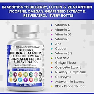 Eye Health Vitamins with Bilberry 6000mg Lutein & Zeaxanthin 40mg Lycopene 40mg Resveratrol 3000mg Grape Seed Extract 6000mg Omega 3 4000mg Astaxanthin - Eye Vitamin - 60 Capsules
