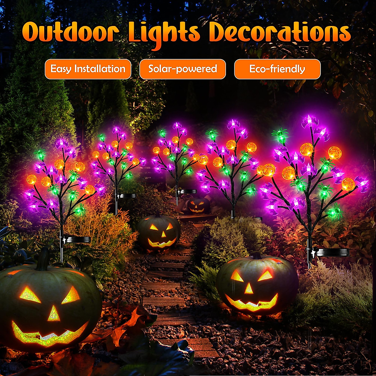 Halloween Decorations Outdoor Solar Lights, 2 Pack Halloween Lights Outdoor Solar Lights Waterproof with 20 LED Bats Spiders Pumpkin Lights, 2 Lighting Modes Solar Pathway Lights for Halloween Decor
