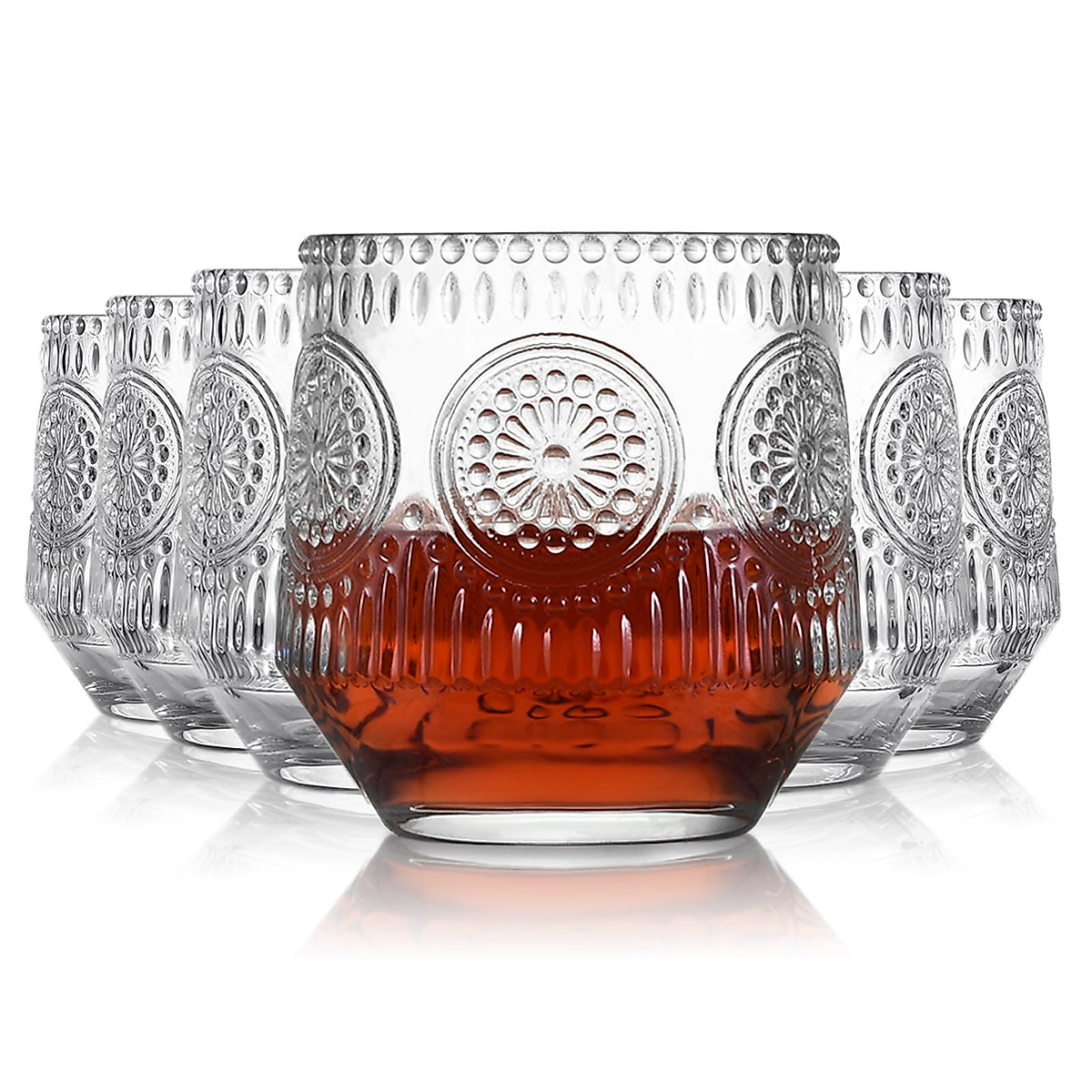 Wongblee Vintage Whiskey Glasses Set of 6, 13.5 OZ Scotch Bourbon Rock Glasses, Old Fashioned Embossed Drinking Cups for Gift, Home Bar, Party