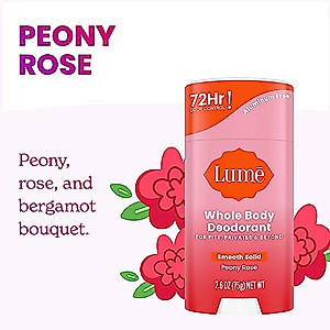 Lume Whole Body Deodorant - Smooth Solid Stick - 72 Hour Odor Control - Aluminum Free, Baking Soda Free and Skin Safe - 2.6 Ounce (Peony Rose)