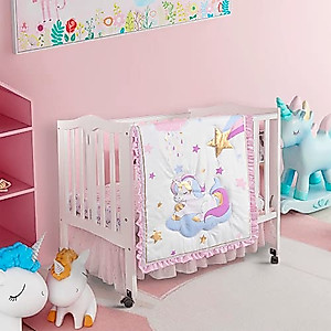 Little Grape Land, Mini Crib Bedding Sets for Girls | Mini Crib Bedding | Portable Crib Bedding Set for Girls | Luxury Pink Gold Unicorn 3 Piece Crib Set, Metallic Gold, Pink, Purple and Sky Blue
