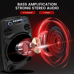 Pyle Portable Bluetooth PA Speaker System - 800W 12” Outdoor Bluetooth Speaker Portable PA System - Party Lights, USB SD Card Reader, FM Radio, Rolling Wheels - Wired microphone, Remote - PPHP127B