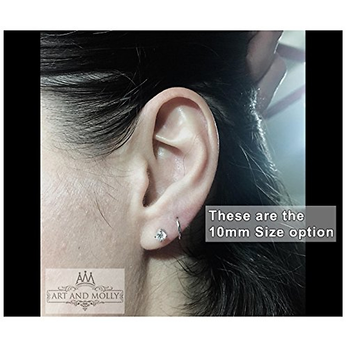 14k White Gold Tiny Endless Hoop Earrings Round Flexible Thin Small little Continuous Real Pure Gold Mini Hoops 10mm