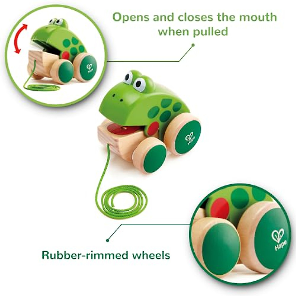 Hape Frog Pull-Along | Wooden Frog Fly Eating Pull Toddler Toy, 4.6 x 3.3 x 3.8 inches, Green