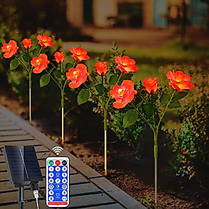 PINPON Outdoor Solar Flower Lights - 4 Pack Red Roses Lights Outdoor Garden Decorative with 16 Oversized Red Roses Flowers, 8 Modes Remote Control Switch for Garden, Lawn, Patio, Pond, Backyard