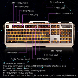 White Gaming Keyboard Mouse Combo,Membrane Keyboard RGB Color Changing Lighted Keyboard,PC Keyboard Computer Backlight USB Keyboard,Wired Gaming Keyboard,Gold Metal Frame,for Xbox One PS4 Game Gamer