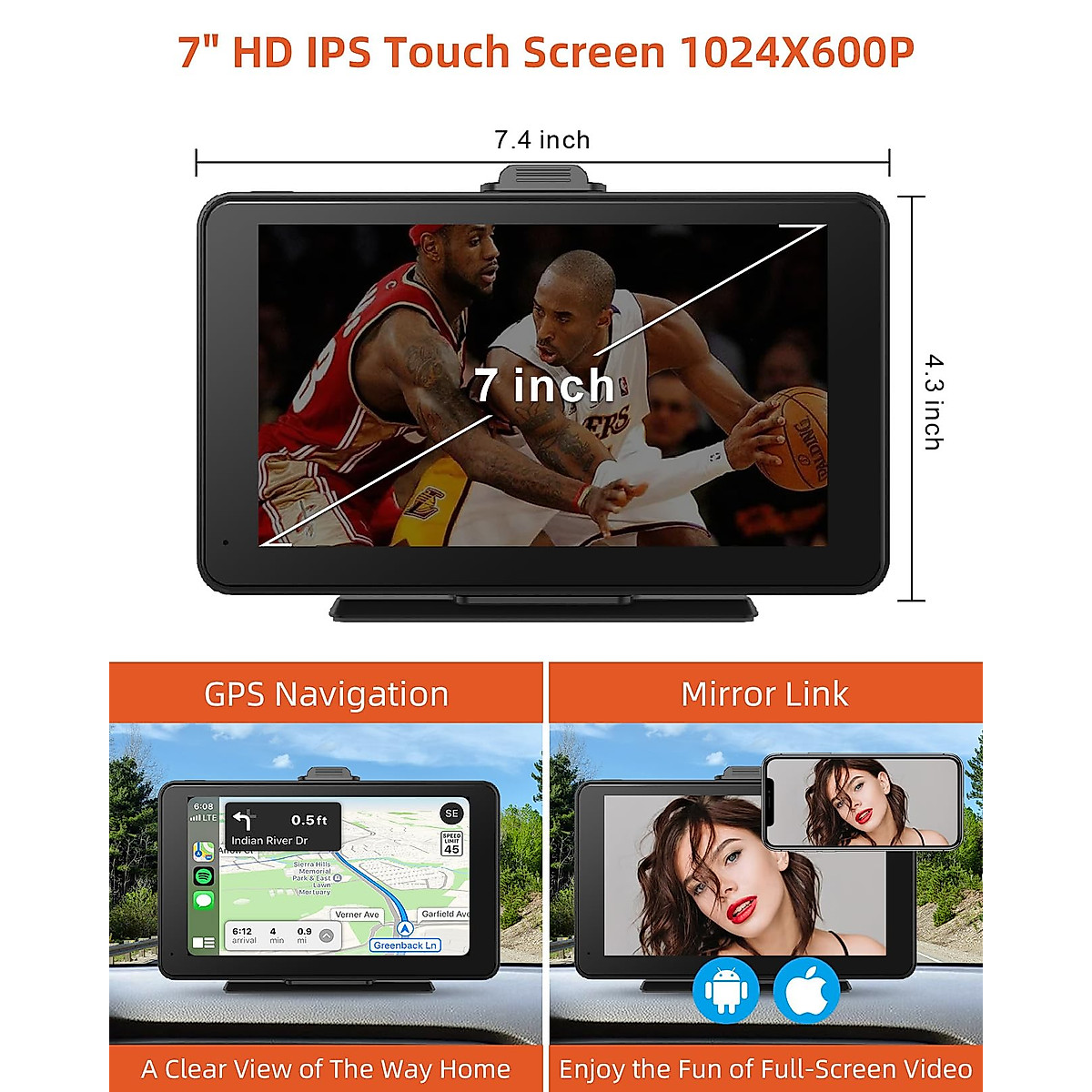 cogamichi Portable Car Stereo with Apple Carplay&Android Auto, 7 Inch HD IPS Touch Carplay Screen for Car Plug in, Wireless Carplay Dash Mount with Bluetooth, GPS Navigation, Mirror Link, Siri Voice