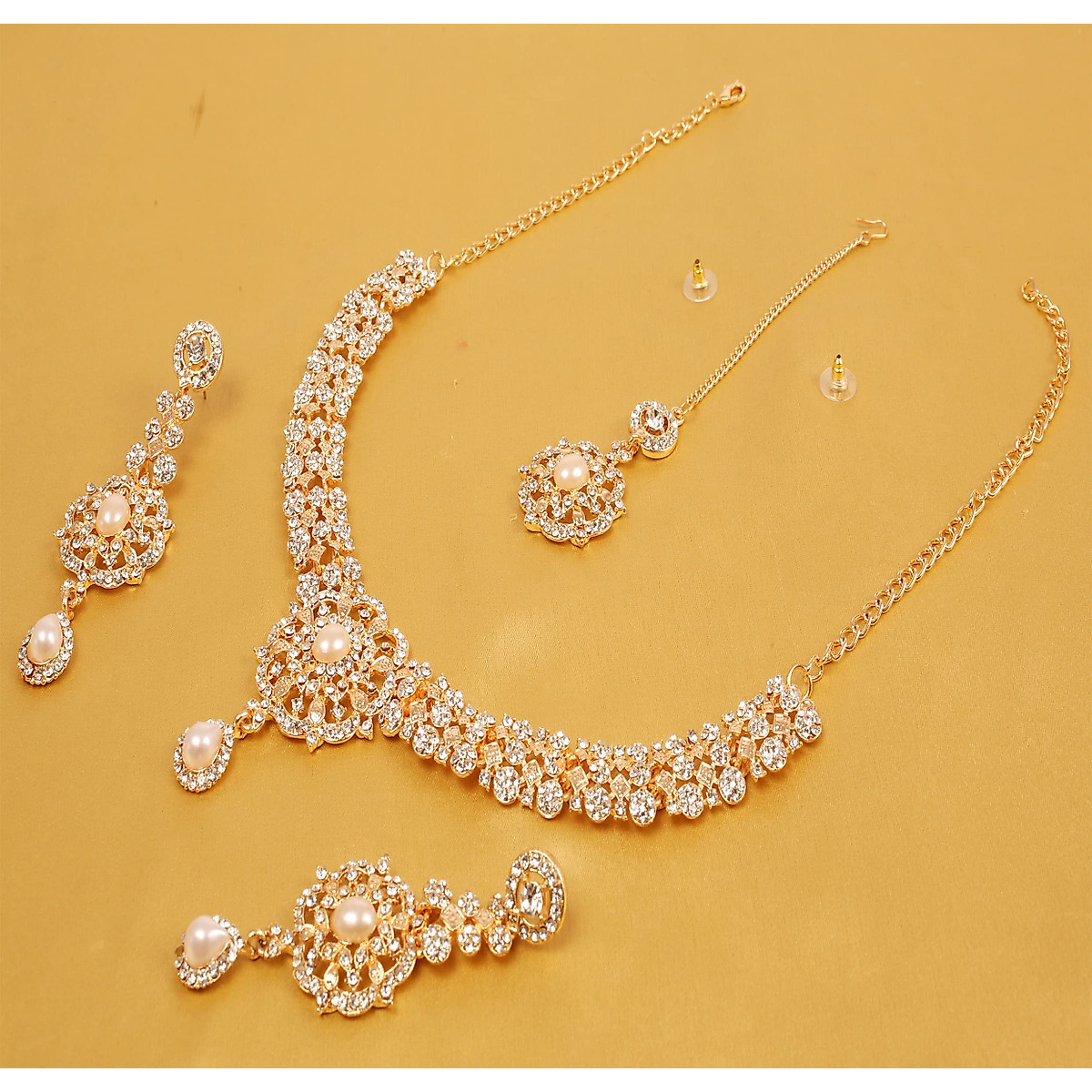 Touchstone Indian jewelry sets for womens bollywood set bridal jewellery necklace earrings artificial accessories faux pearl kundan desi punjabi traditional wedding maang tikka in gold tone for women