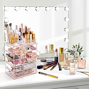 COMVTUPY Clear Makeup Organizer with Brush Holder, Large Acrylic Cosmetic Display Jewelry & Make Up Organizers and Storage for Vanity, Bathroom (3 Large, 4 Small Drawers, Diamond Pink)