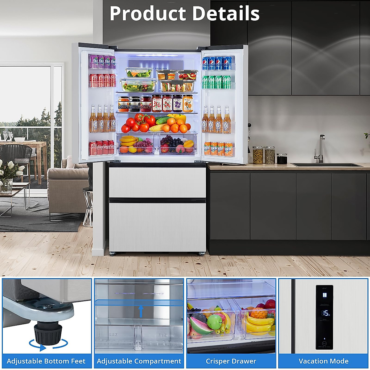 French Door Refrigerator, 33" & 18.8Cu.Ft Counter Depth French Refrigerator, 4-Door Stainless Steel Refrigerator w/6.5Cu.Ft Freezer Capacity, Kitchen Fridge w/Digital Temperature Control Auto Defrost