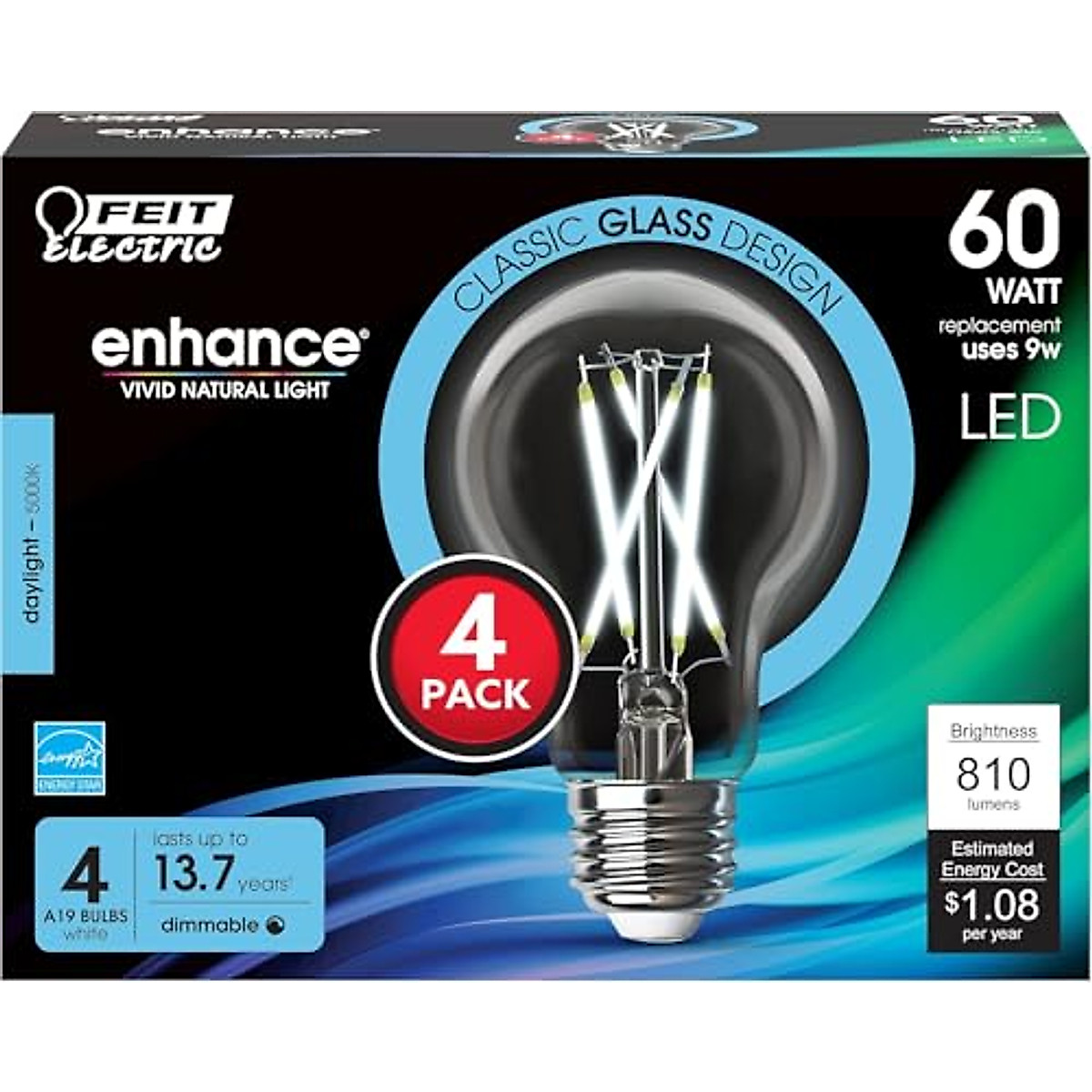 Feit Electric LED Clear A19 Medium Base Light Bulb - 60W Equivalent - 15 Year Life - 810 Lumen - 5000K Daylight - Dimmable | 4-Pack