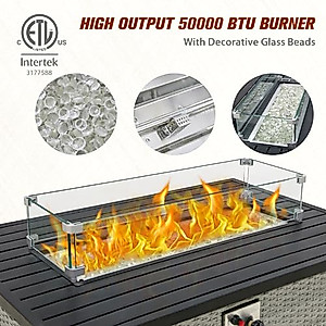 EAGLE PEAK 42 Inch Outdoor Propane Gas Fire Pit Table, 50,000 BTU Auto-Ignition Rectangular Gas Fire Pit with Glass Wind Guard, Gray PE Rattan
