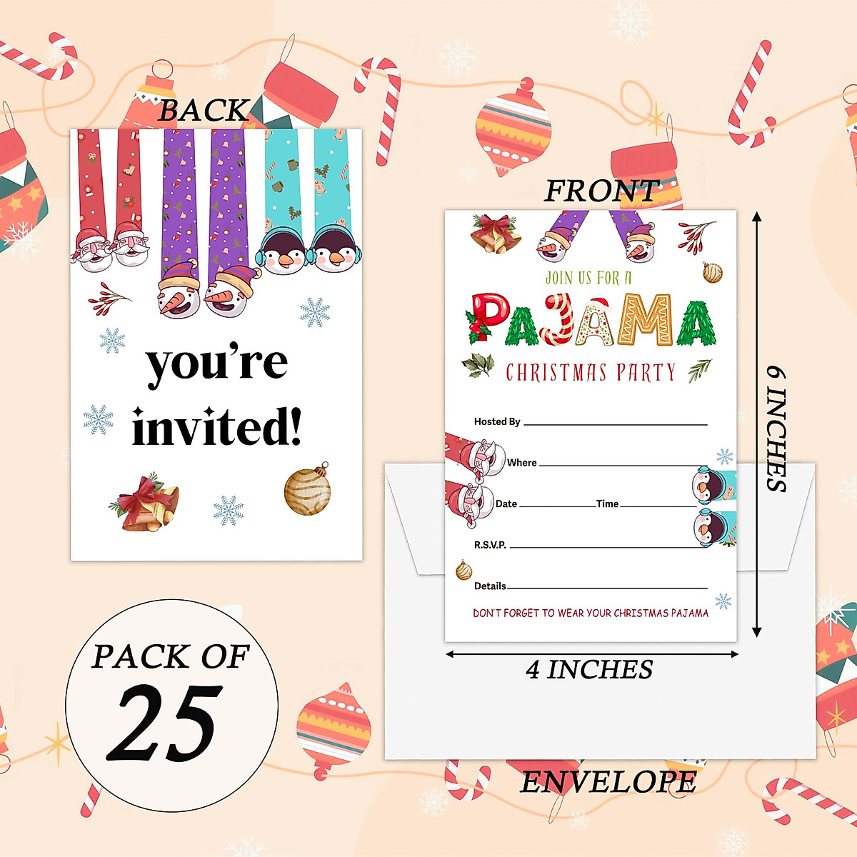 Beshoul Christmas Party Invitations with Envelopes (25-Count) - Pajamas Party Invite Cards for Bridal Shower Baby Shower Birthday Party Celebration Supplies - C08