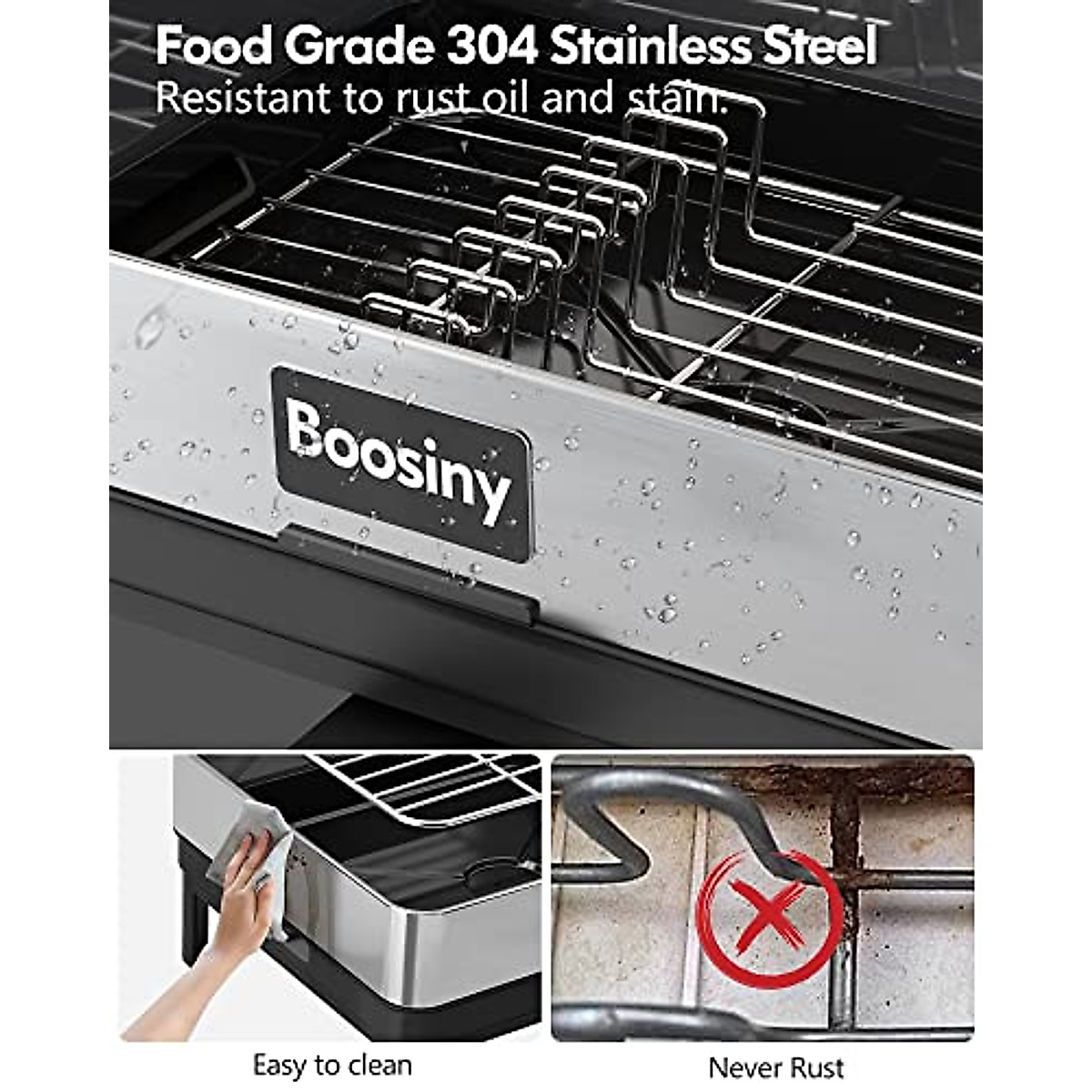 BOOSINY Dish Racks for Kitchen Counter, 304 Stainless Steel Large Dish Rack and Drainboard Set, Full Size Dish Drainer with Swivel Spout Drainage, Utensil Holder and Cup Holder for Big Family
