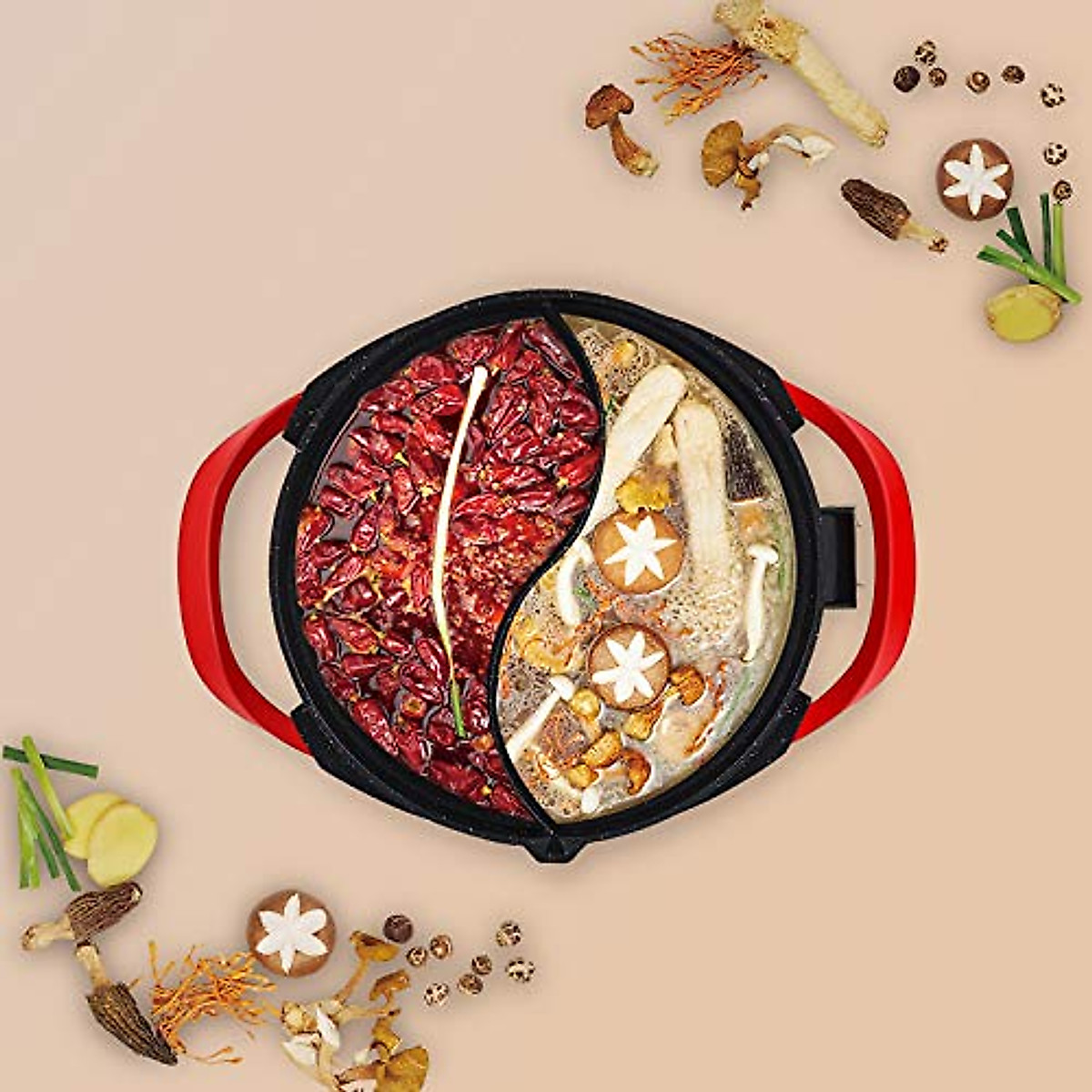 Dezin Electric Shabu Shabu Hot Pot with Divider, 5L Double Flavor Non-Stick Hot Pot with Multi-Power Control, Electric Cooker with Tempered Glass Lid for Party, Family Gathering