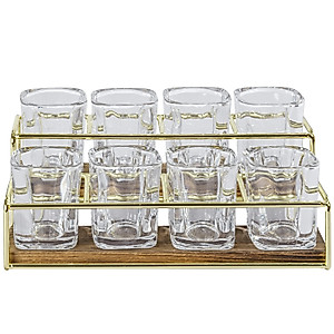 MyGift Shot Serving Tray, 2-Tier Brass Tone Metal and Burnt Wood Party Shots Server Tray with 8 Shot Glasses