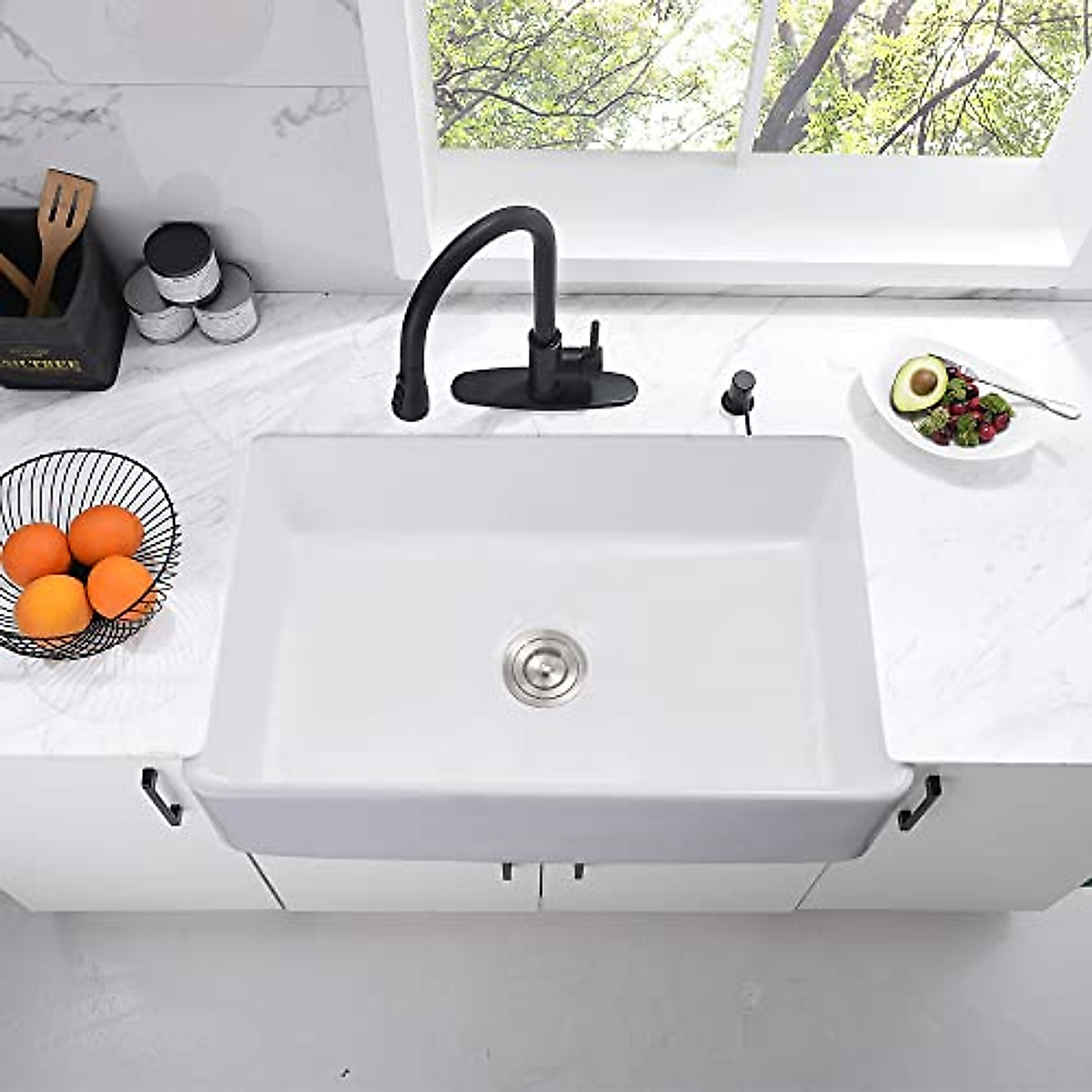 33 Inch Fireclay White Farmhouse Sink-Bokaiya 33x20 Apron Front Farmhouse Kitchen Sink Single Bowl Deep Porcelain Ceramic White Farm Sink